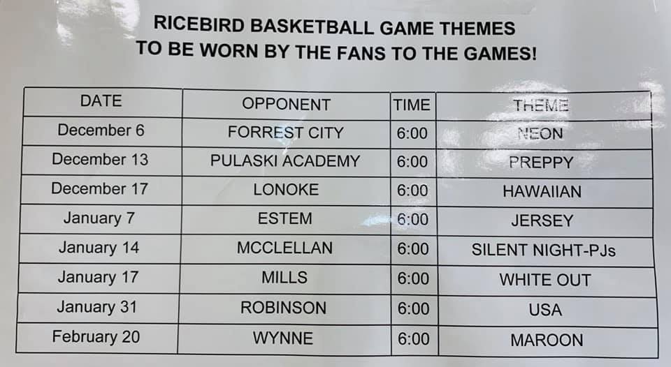 Home Basketball Dates, Times & Themes | Stuttgart Jr. High